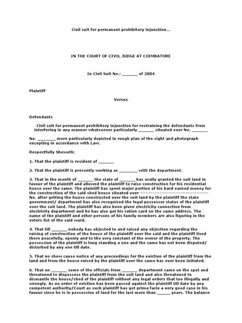 Civil Suit For Permanent Prohibitory Injunction Pdf Lawsuit Injunction