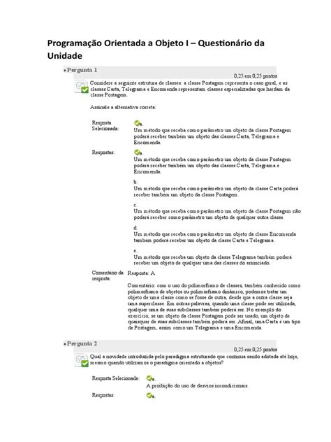 Programação Orientada A Objeto Geral Questionario Da Unidade Download Grátis Pdf Classe