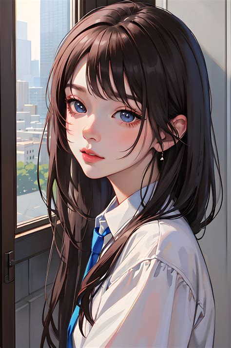 Garota De Anime Olhando Pela Janela Com A Cidade Ao Fundo Lindo