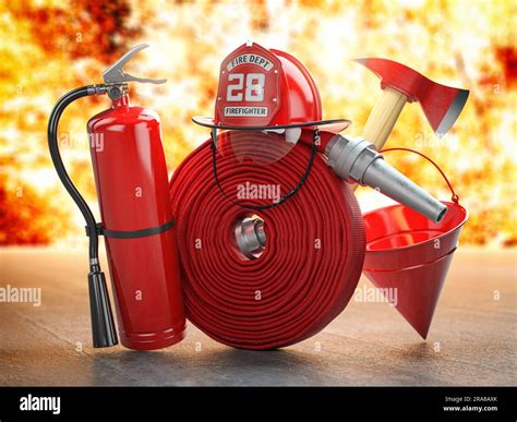 Firefighter Equipment And Tools On Fore Background Fire Hose Fire Hat Extinguisher And Axe