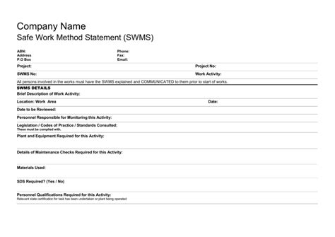 Safe Work Method Statement Swms Template