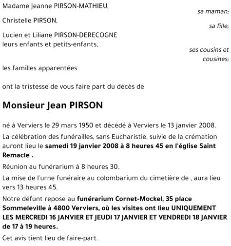 Avis De Décès De Jean Pirson Décédé Le 13 01 2008 à Verviers Annonce Condoléances Fleurs