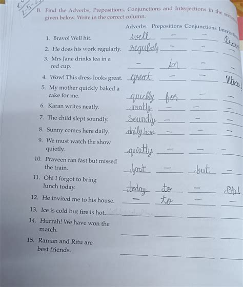 B Find The Adverbs Prepositions Conjunctions And Interjections In The