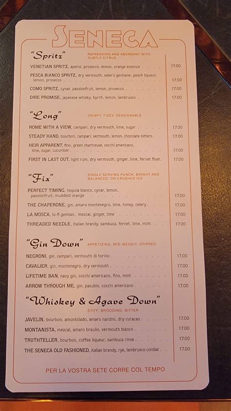 Carta Del Restaurante Seneca Trattoria San Diego