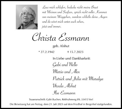 Traueranzeigen Von Christa Essmann Wirtrauern