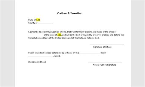 Oath Or Affirmation Notary Form Template Affidavit Of Single Status Form Template Simple