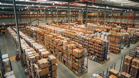 General View Of A Large Warehouse With Shelves Filled With Various