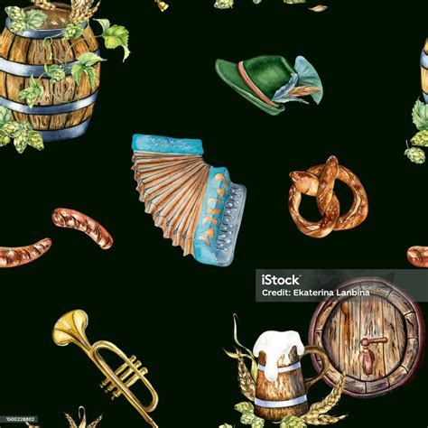 나무 통 맥주 한 잔 독일 모자 아코디언 홉 덩굴 수채화 이음매 없는 패턴이 검은색으로 분리되어 있습니다 프레첼 밀 귀 손으로 그렸습니다 맥주 축제 양조 포장 배경을 위한