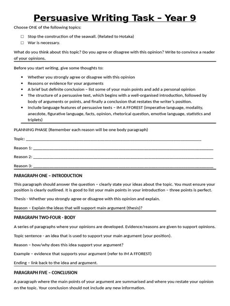 Persuasive Writing Task Pdf