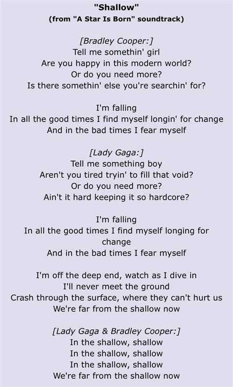 Shallow Lady Gaga And Bradley Cooper Lyrics A Star Is Born Soundtrack