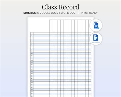 Class Record Template Printable Class Attendance Sheet Grade Log