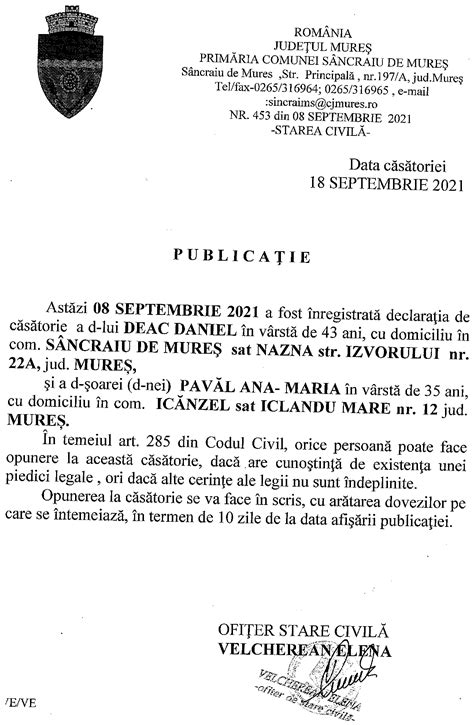 Publicatie De Casatorie Deac Daniel Cu Paval Ana Maria — Primaria