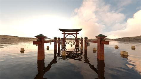 3d Rendering Of The Torii Gate Floating On The Sea Stock Illustration Illustration Of Maritime