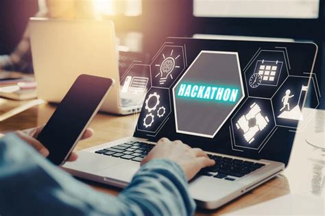 Hackathon Technology Programming Startup Concept Person Using Laptop Computer On Desk With