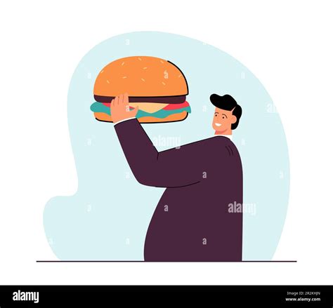 Tiny Fat Man Holding Hamburger Flat Vector Illustration Stock Vector Image And Art Alamy