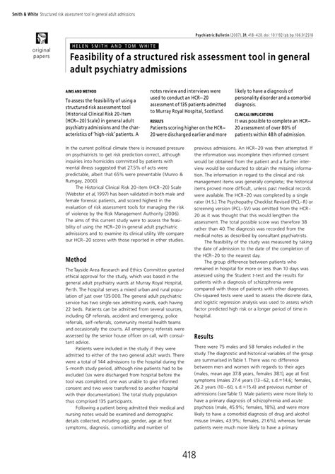 Pdf Feasibility Of A Structured Risk Assessment Tool In General Adult