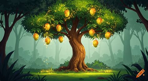 A Magical Tree With Glowing Golden Mangoes Stands In A Mystical Forest In A Cartoon Style On