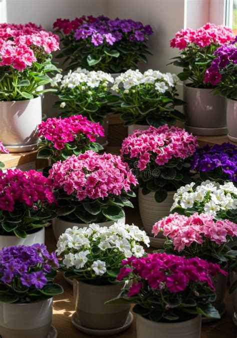 Colorful Potted Flowers In A Bright Indoor Setting Stock Illustration