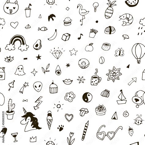 Funny Doodles Animals Plants Diamonds Seamless Vector Line Pattern