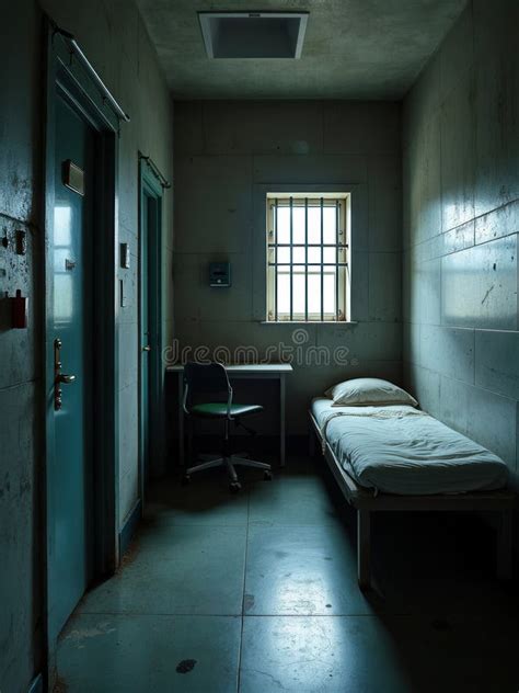 A Small Dimly Lit Prison Cell With A Single Bed Desk And Barred