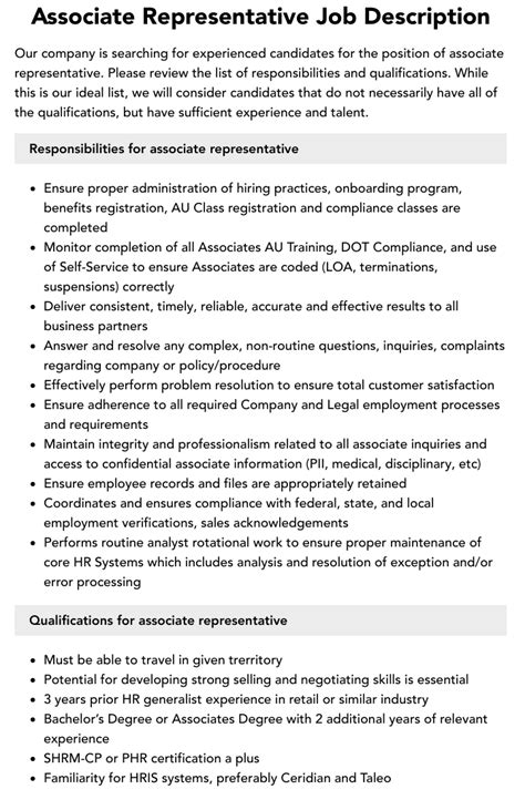 Associate Representative Job Description Velvet Jobs