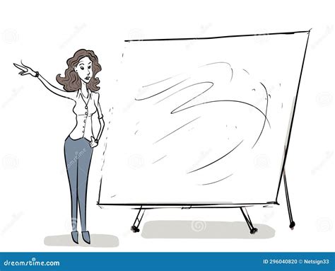 Woman Presenter With Blank Presentation Whiteboard In Hand Drawn Style