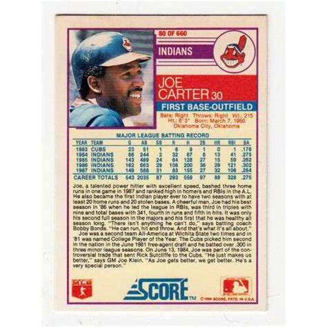 1988 Score Joe Carter Baseball Card 80 Indians On Ebid United States 190040747