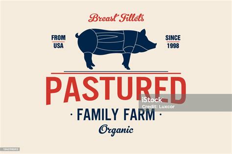 돼지 실루엣이 있는 도살장 고기 가게의 엠블럼 텍스트 도살장 신선한 고기 육류 사업을위한 기호 템플릿 농부 가게 시장 레스토랑 또는 디자인 배너 스티커 벡터 일러스트레이션