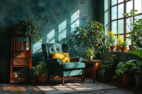 Cozy Green Corner With Armchair And Bookshelf Surrounded By Vibrant