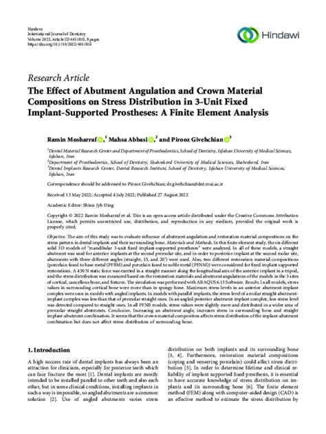 Pdf The Effect Of Abutment Angulation And Crown Material Compositions On Stress Distribution