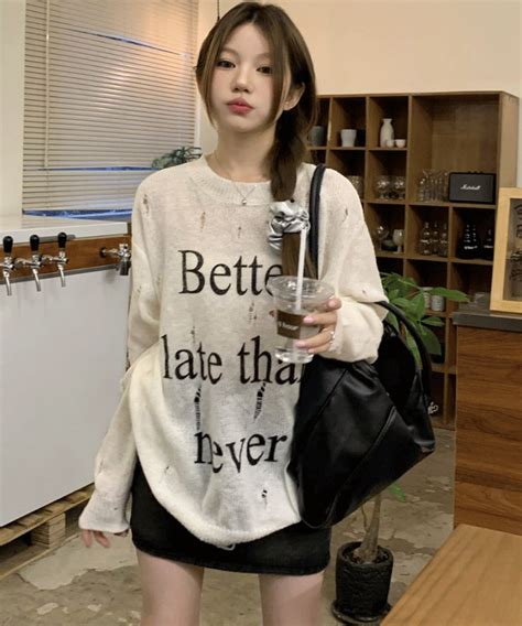 베러 빈티지 레터링 시스루 긴팔 니트 에이블리