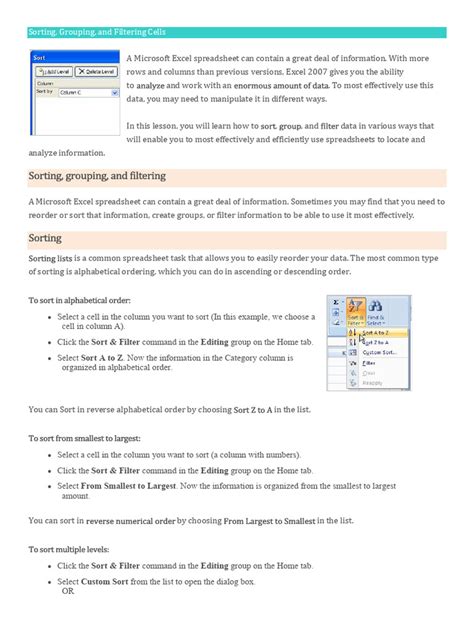 10 Sorting Grouping And Filtering Cells Pdf Spreadsheet