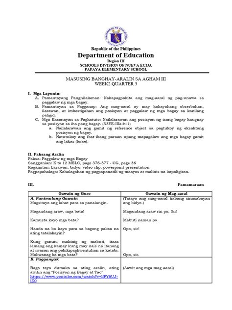 Banghay Aralin Sa Agham 3 For Pt Pdf