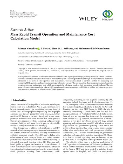 Pdf Mass Rapid Transit Operation And Maintenance Cost Calculation Model