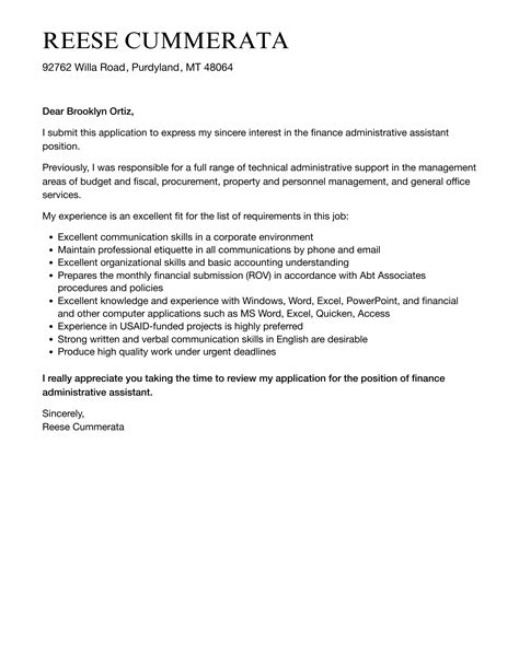 Finance Assistant Cover Letter Doc