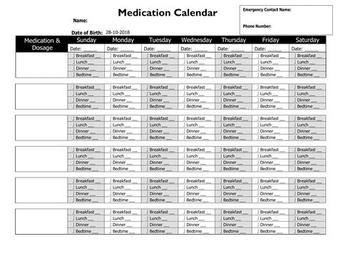 Free Printable Medication Schedule Templates 2 3 4 Times A Day Chart