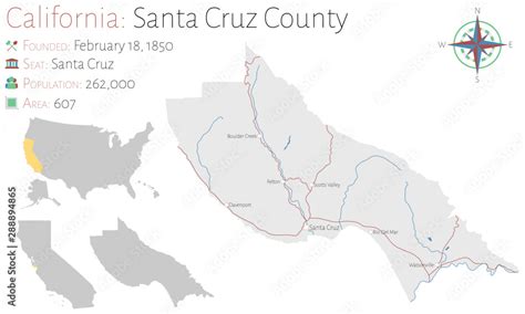 Large And Detailed Map Of Santa Cruz County In California Usa Stock