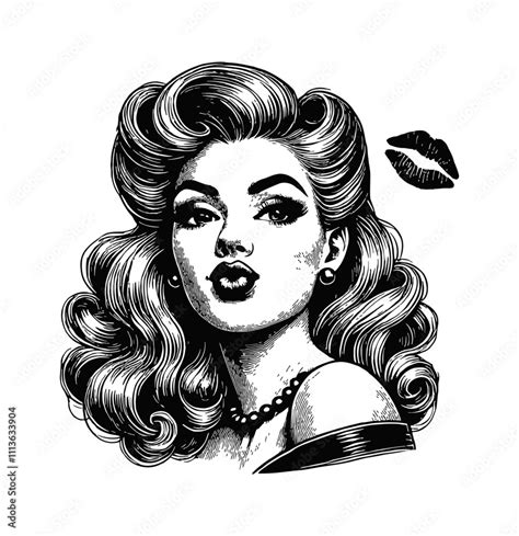 Glamorous Pin Up Girl With Vintage Wavy Hair Making A Playful Kissing