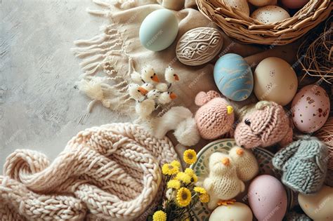 Premium Photo Cozy Easter Setup With Knitted Chicks And Pastel Eggs