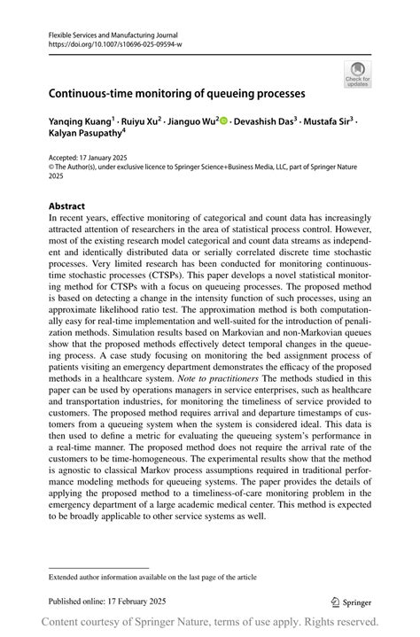Continuous Time Monitoring Of Queueing Processes Request Pdf