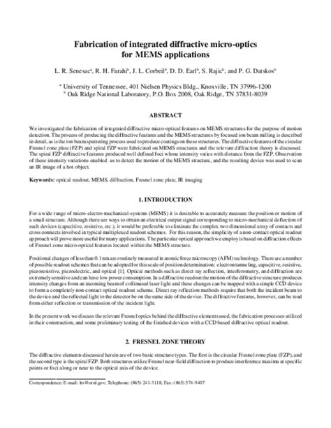 Pdf Fabrication Of Integrated Diffractive Micro Optics For Mems