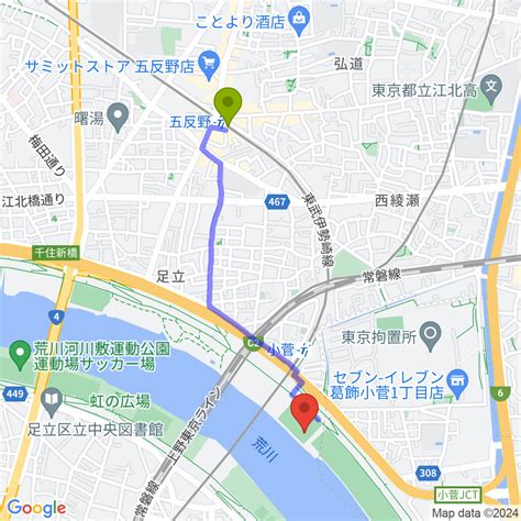 五反野駅から五反野野球場へのルートマップ Mdata