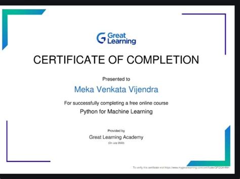 Completed The Enrolled Course Python For Machine Learning Venkata