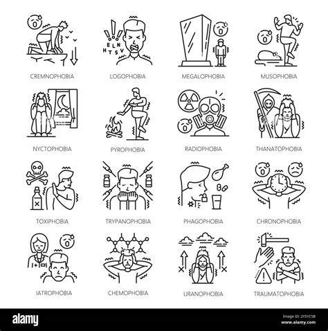 Psychology Problems Human Phobia Icons Mental Health Vector Outline