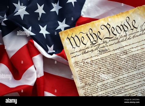 Preamble To The Constitution Of The United States And American Flag