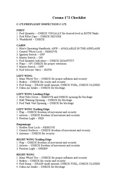 Cessna 172 Checklist C 172 Preflight Inspection C 172 First Pdf