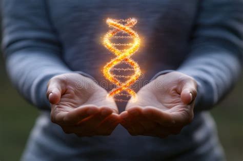 Glowing Digital Concept Of Floating Double Helix In Hands With Sparkling Effect Stock