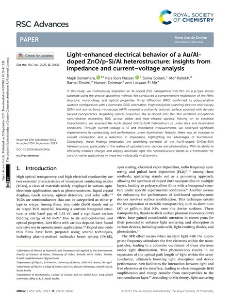 PDF Light Enhanced Electrical Behavior Of A Au Al Doped ZnO P Si Al