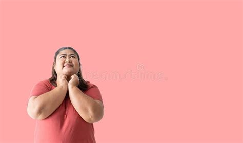 Fat Woman Thinking And Looking Isolated On Pink Background Stock Image Image Of Idea Cool