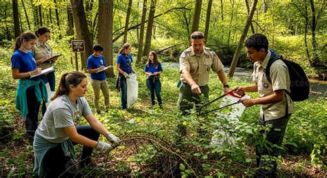 Young Volunteers And Park Ranger On Forest Conservation Mission